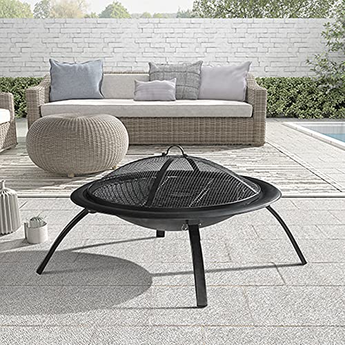 Fire Pit Set for Outside, 26 in Wood Burning Outdoor Fire Pit, Large Steel Firepit Bow for Patio Garden BBQ Camping Picnic, with Spark Screen, Fire Poker, Cover (Round Black)