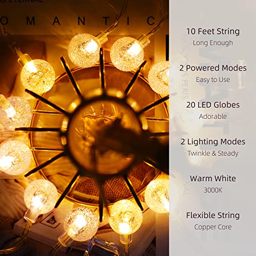 Fairy Lights Battery Operated & USB Plug-in 10FT 20 LED Globe String Lights Indoor Outdoor Waterproof Twinkle Christmas Lights for Garden Patio Gazebo Balcony Bedroom Xmas Tree Decorations Warm White