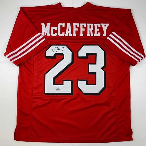 Facsimile Autographed Christian McCaffrey San Francisco Red Alternate Reprint Laser Auto Football Jersey Size Men's XL