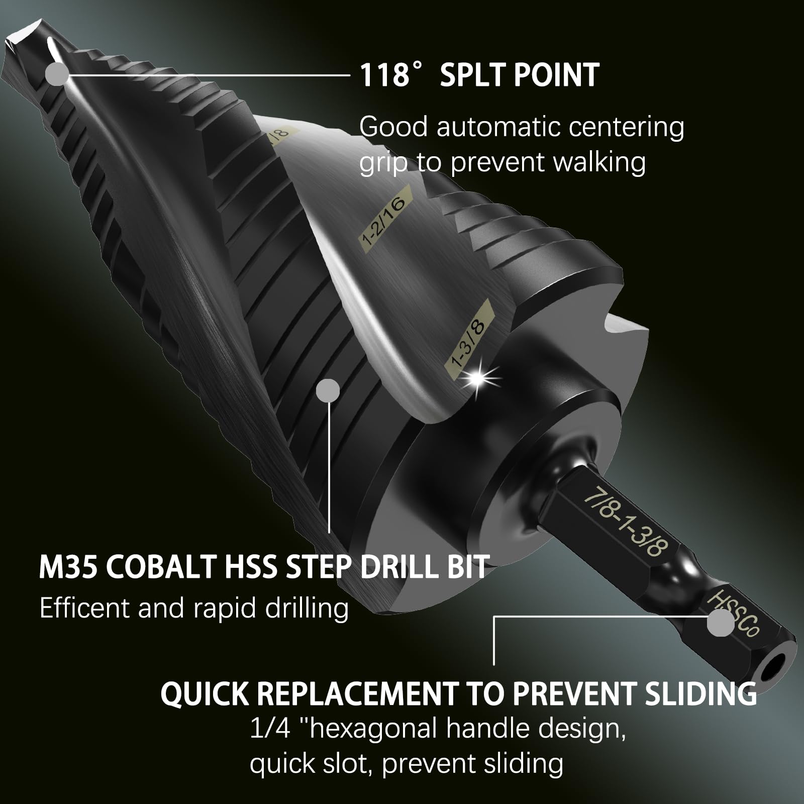 Step Drill Bit M35 Cobalt Four Helical Flutes 1/4" Hex Shank Drill 1/8"-1/2 (13 Sizes) for Working Metal, Wood, Aluminum, Plastic, Great for DIYers