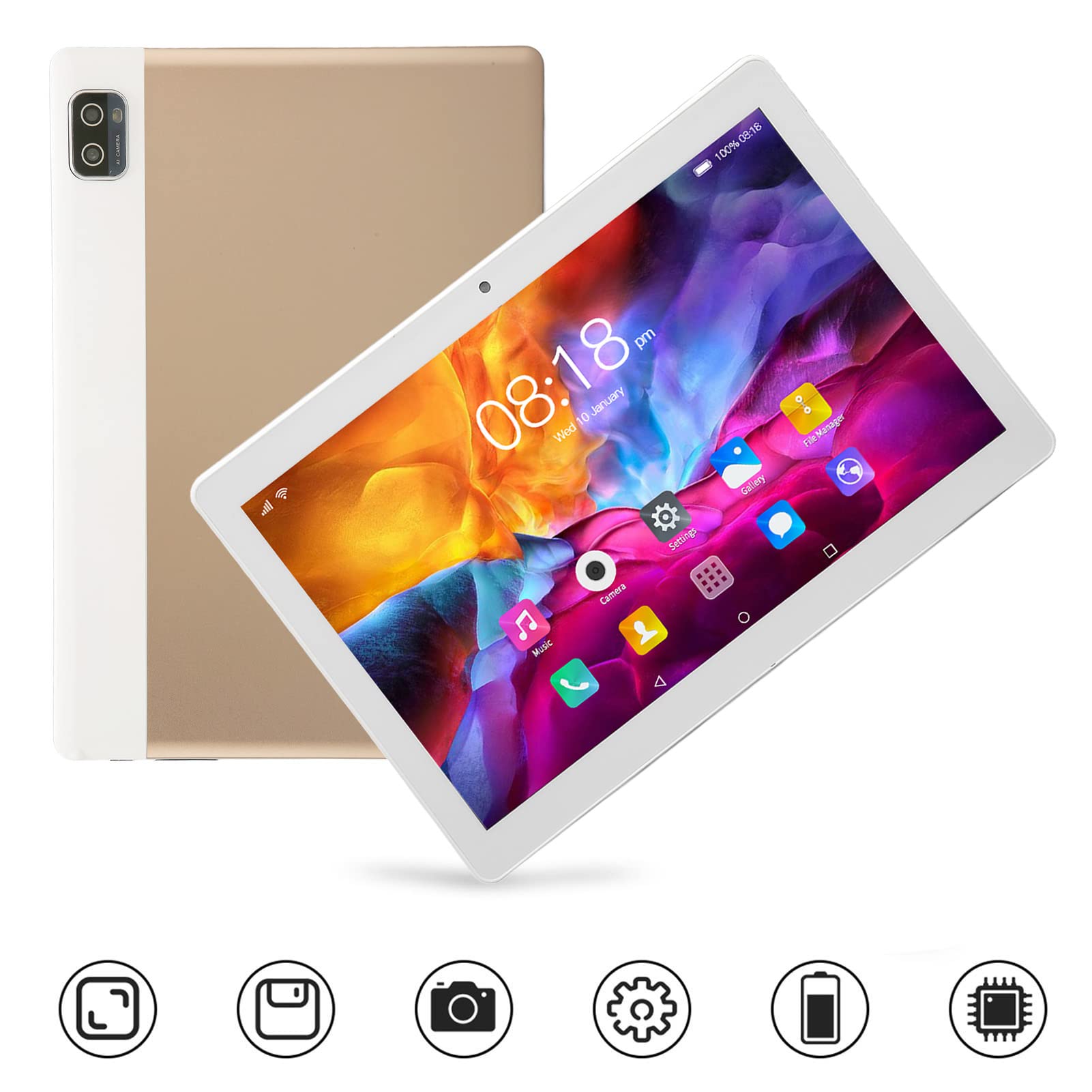 10.1in Tablet, Gold 5G WiFi Calling Calling Tablet 1960x1080 Resolution for 12 100240V for Study (US Plug)