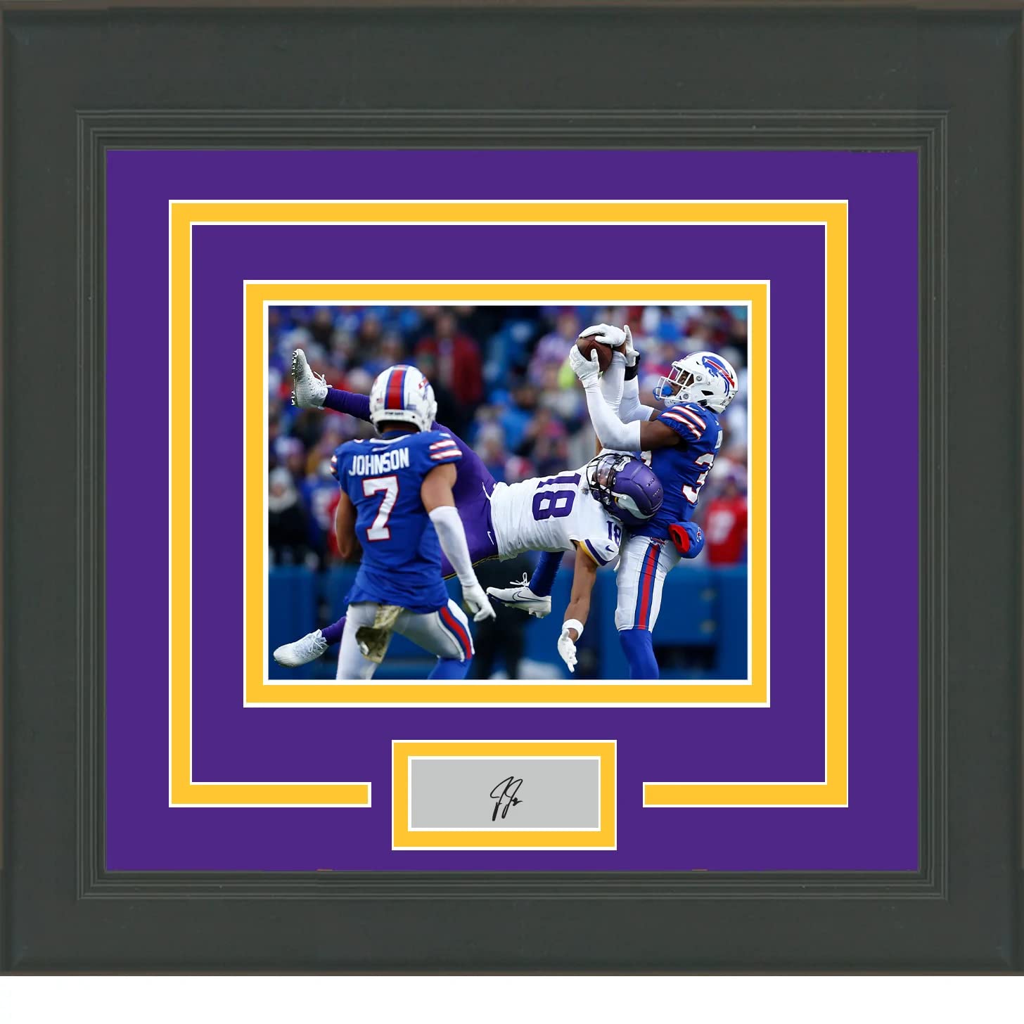 Framed Justin Jefferson Catch vs. Bills Facsimile Laser Engraved Signature Auto Minnesota Vikings 15x16 Football Photo