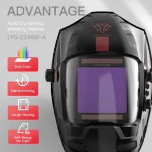 YESWELDER Large Viewing Screen True Color Solar Power Auto Darkening Welding Helmet, Hemispherical lense for TIG MIG Arc Weld Grinding Welder Mask