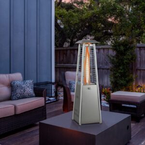 tangkula portable patio heater, 9500 btu outdoor tabletop heater with stainless steel burner, tip-over & flameout protection, 34" pyramid mini outdoor heaters for patio, porch, deck (silver)