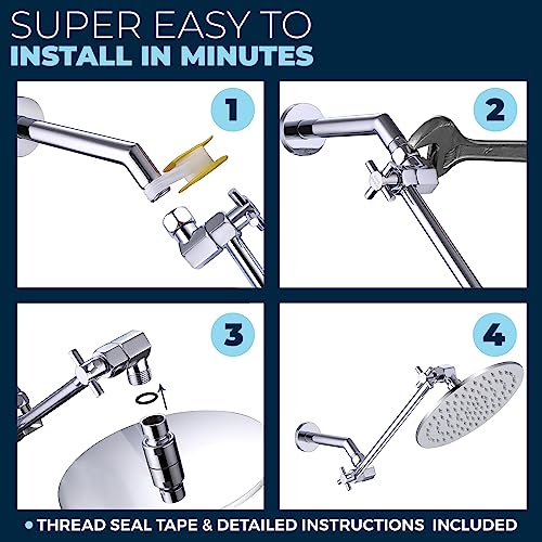 HammerHead Showers 12 Inch Long Adjustable Shower Arm — Feat. Shark Teeth, The Strongest Locking Joints of Any Shower Head Extension Arm — Metal Extender Raises Showerhead Height — Chrome