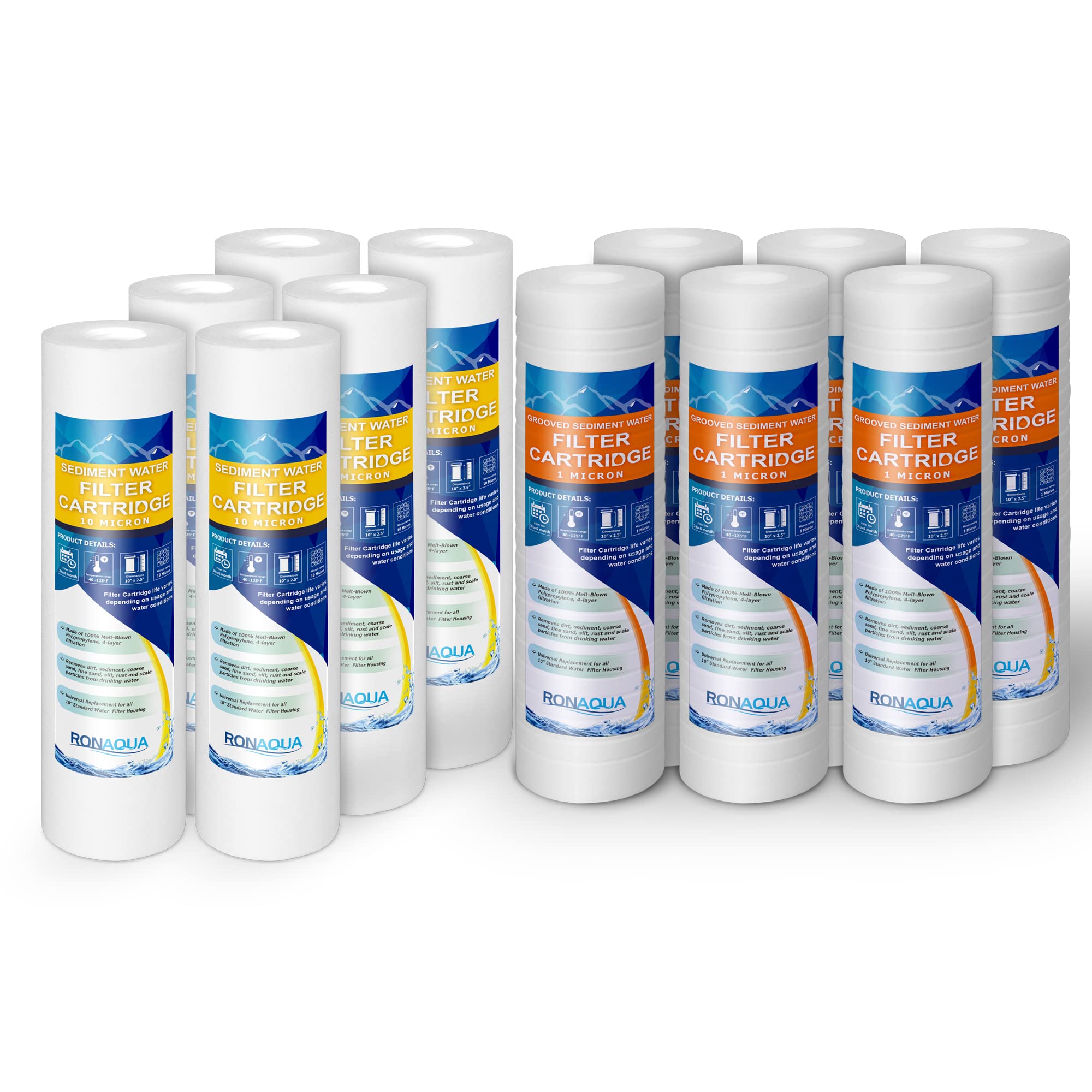 Sediment Water Filter Cartridge 6 Pack, 10 Micron & 6 Pack Grooved 1 Micron Sediment Water Filter Cartridges 10"x2.5", Four Layers of Filtration Removes Sand, Dirt, Silt, Rust, made from Polypropylene