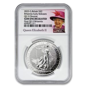 2023 1 oz British Silver Britannia Coin by the Royal Mint Gem Uncirculated (Early Releases - Final Queen Elizabeth Label) 2£ GEMUNC NGC