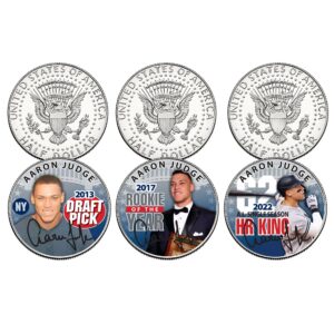 aaron judge officially licensed 62nd home run king record jfk half dollar u.s. 3-coin set (draft pick/rookie / 62 hr) with panoramic display certificate of authenticity