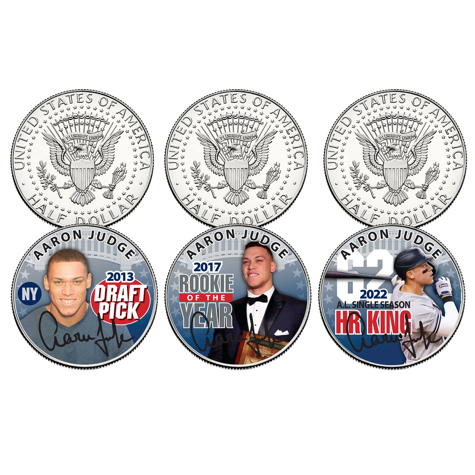 Aaron Judge Officially Licensed 62nd Home Run King Record JFK Half Dollar U.S. 3-Coin Set (Draft Pick/Rookie / 62 HR) with Panoramic Display Certificate of Authenticity