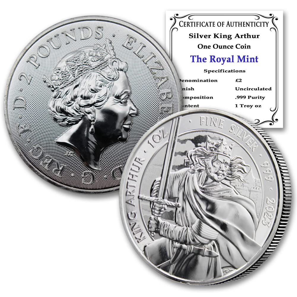 2023 1 oz British Silver King Arthur Coin by the Royal Mint Brilliant Uncirculated with Certificate of Authenticity £2 Mint State