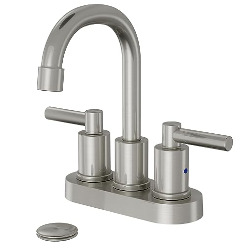 KPAIDA 4 in Centerset Bathroom Faucets for Sink 3 Hole, Brushed Nickel Bathroom Faucet with Pop-up Drain and 2 Supply Hoses, Stainless Steel 2 Lever Handles Centerset Faucet for Bathroom