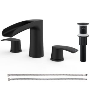 tioriy black bathroom faucets for 3 holes sink - 2-handle bathroom sink faucet with drain for sink 3 hole, waterfall bathroom faucet with pop up sink drain stopper, black washbasin faucet