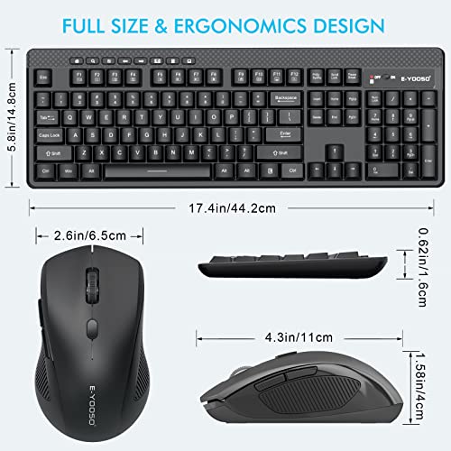 Wireless Keyboard and Mouse Combo, E-YOOSO 2.4GHz Full-Sized Ergonomic Wireless Computer Keyboard, 5 DPI Adjustable and 6 Button Cordless USB Mouse and Keyboard for Computer, Laptop, PC, Windows, Mac