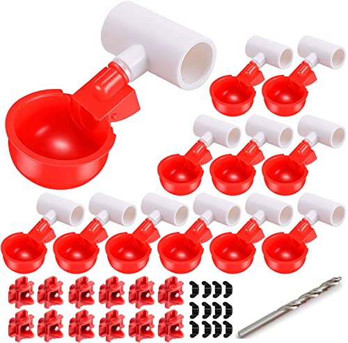 [12 Pack] Chicken Water Cups with PVC Tee, Automatic Waterer Kit for Poultry, DIY Water Feeder for Chicken Duck Quail Turkey, Chicken Water Nipples,Red