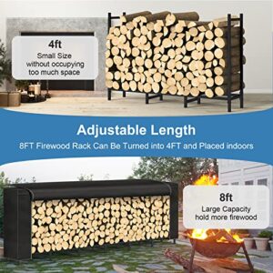 NANANARDOSO 8ft Firewood Rack Outdoor with Cover Combo Set Waterproof for Wood Storage, Adjustable Fire Log Stacker Stand, Heavy Duty Firewood Log Rack Holder for Fireplace Metal Lumber, Black