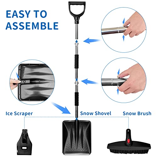 Snow Shovel for Driveway, 3-in-1 Kit Brush and Ice Scraper, Emergency Collapsible Design Snow Clearing Kit for Cars, Truck Camping and Outdoor Activities Easy to Use