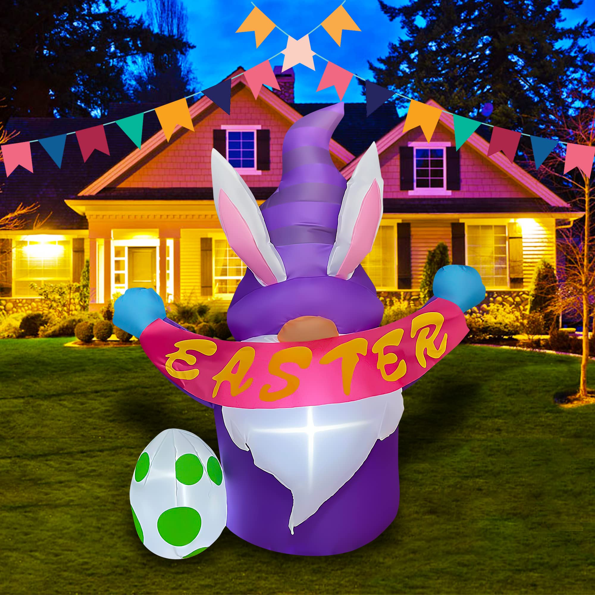 JOYEASE 4 Ft Inflatable Easter Gnome with Egg Decoration Build-in LED Blow Up Happy Easter for Home Yard Lawn Garden Indoor Outdoor