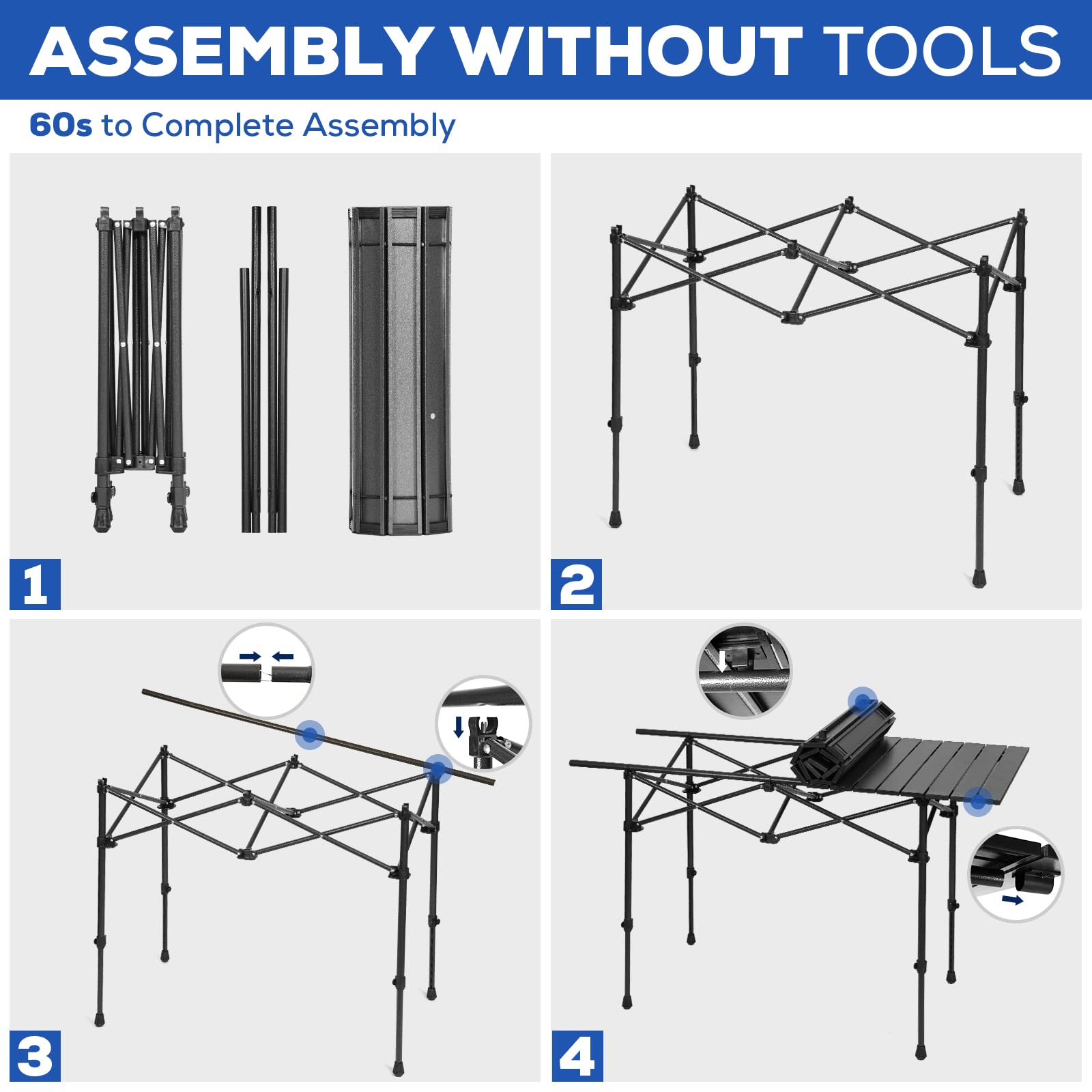 LEBLEBALL Folding Camping Table, Portable Folding Table with Storage Bag, Adjustable Aluminum Camping Table for Outdoor Picnic, Beach, Backyard, BBQ, Patio, Fishing, Black