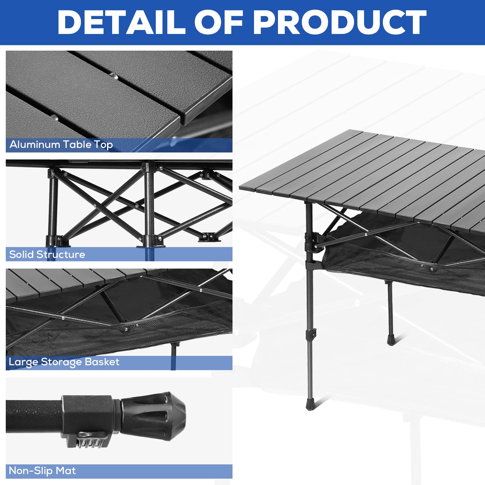 LEBLEBALL Folding Camping Table, Portable Folding Table with Storage Bag, Adjustable Aluminum Camping Table for Outdoor Picnic, Beach, Backyard, BBQ, Patio, Fishing, Black