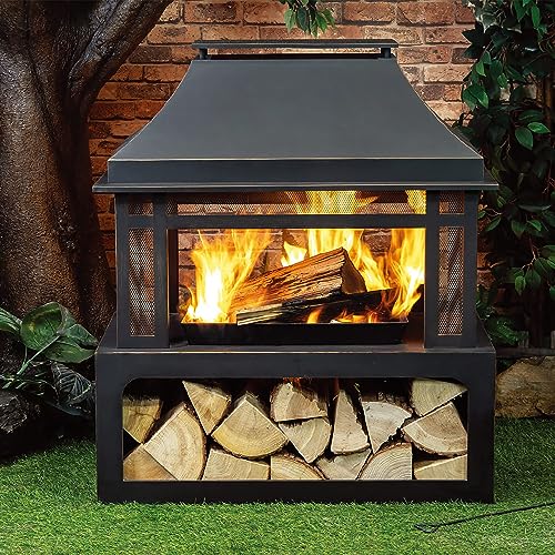 Deko Living Outdoor Wood Burning Fireplace with Wood Storage and Removable Fire Grill - 40 Inch Large Metal Wicker Base Fire Pit for Patio Garden Deck Backyard, Black