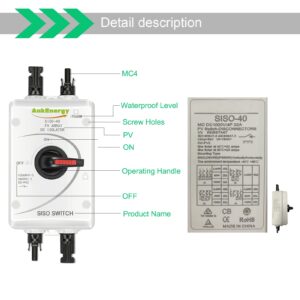 PV Solar Disconnect Switch IP66 Solar System Solar Combiner Box 32A PV DC Isolator Switch with Solar Connector for Solar Power System RV, Boats, and Off/On-Grid Solar System