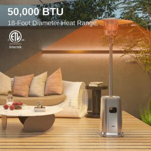 EAST OAK 50,000 BTU Patio Heater and Cover, Stainless Steel Outdoor Patio Heater With Table Design, Triple Protection System, Wheels, Propane Patio Heaters for Commercial and Residential