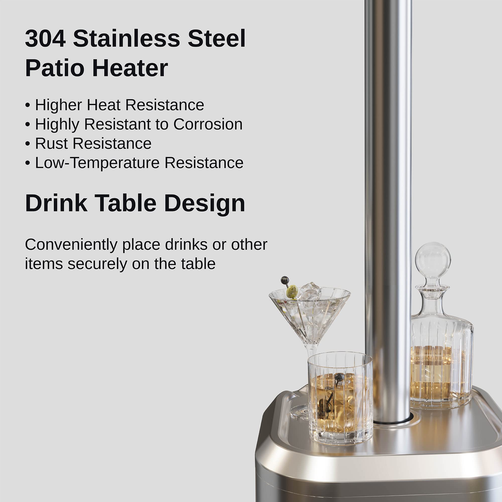 EAST OAK 50,000 BTU Patio Heater and Cover, Stainless Steel Outdoor Patio Heater With Table Design, Triple Protection System, Wheels, Propane Patio Heaters for Commercial and Residential