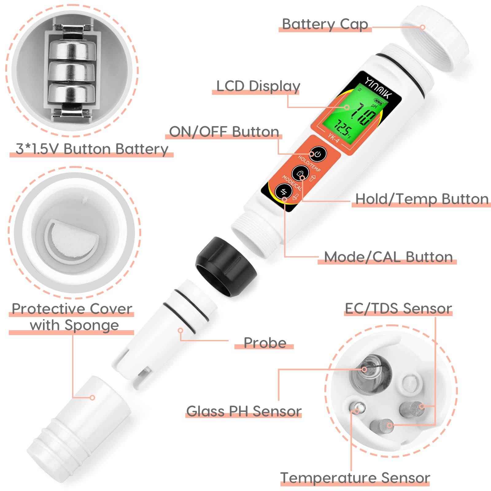 YINMIK PH EC TDS Meter with 15 Packets PH Calibration Buffer Powder