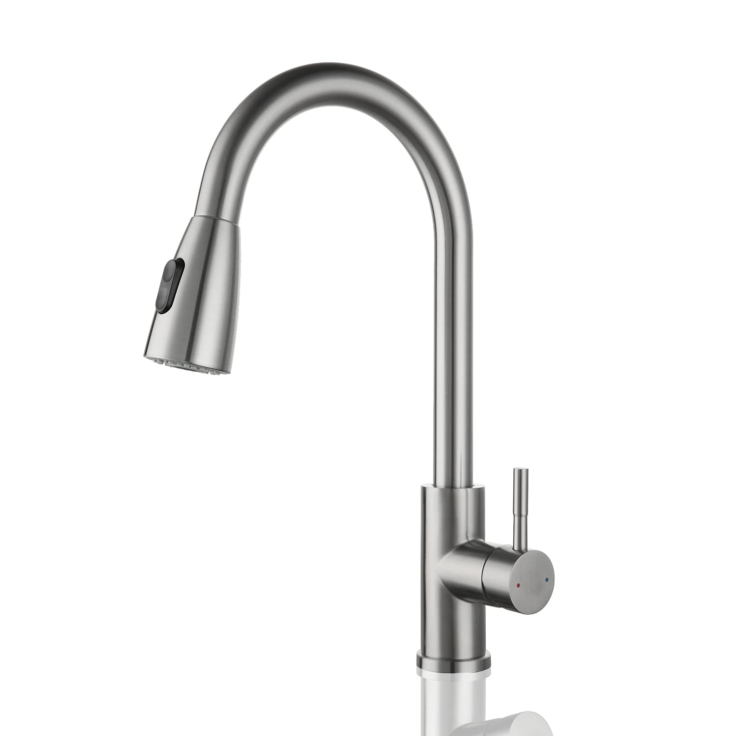 SATICO Brushed Nickel Kitchen Faucet with Pull Down Sprayer Single Handle Sink Faucet Modern Stainless Steel cUPC NSF CEC Certified, Model F80028BN