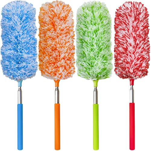 4 Pcs Small Washable Microfiber Feather Duster with Extendable Pole and Bendable Head, Microfibre Cleaning Tool Extendable Dusters for Cleaning Office, Car, Computer, Furniture, Sofa