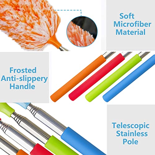 4 Pcs Small Washable Microfiber Feather Duster with Extendable Pole and Bendable Head, Microfibre Cleaning Tool Extendable Dusters for Cleaning Office, Car, Computer, Furniture, Sofa