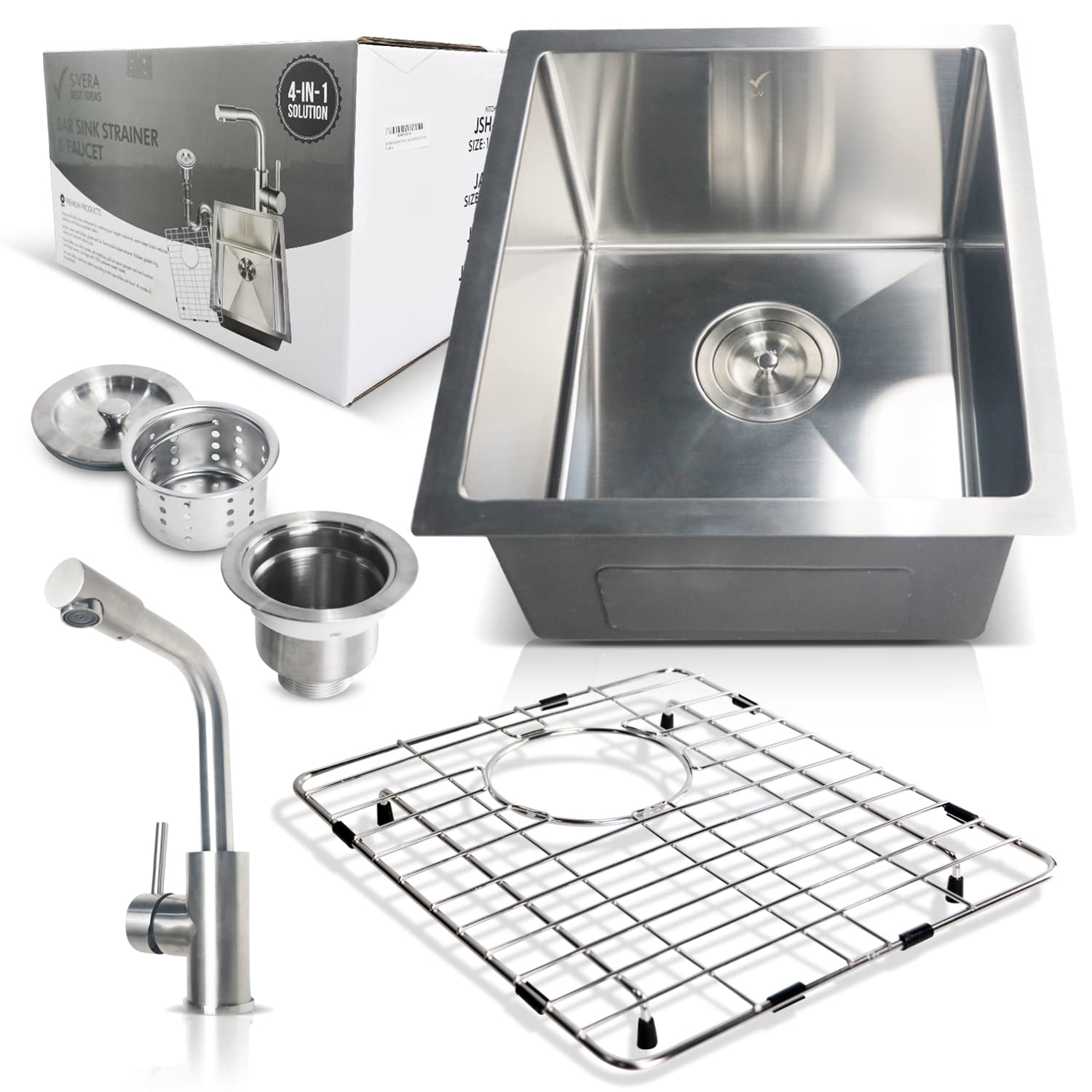 Bar Sink for Kitchen Bar - Included Kitchen Faucet and Sink Grid – 15 x 17 x 9 Inch - Small Sink with 16 Gauge – Undermount Stainless Steel Bar Sink with Elegant Brushed Finish