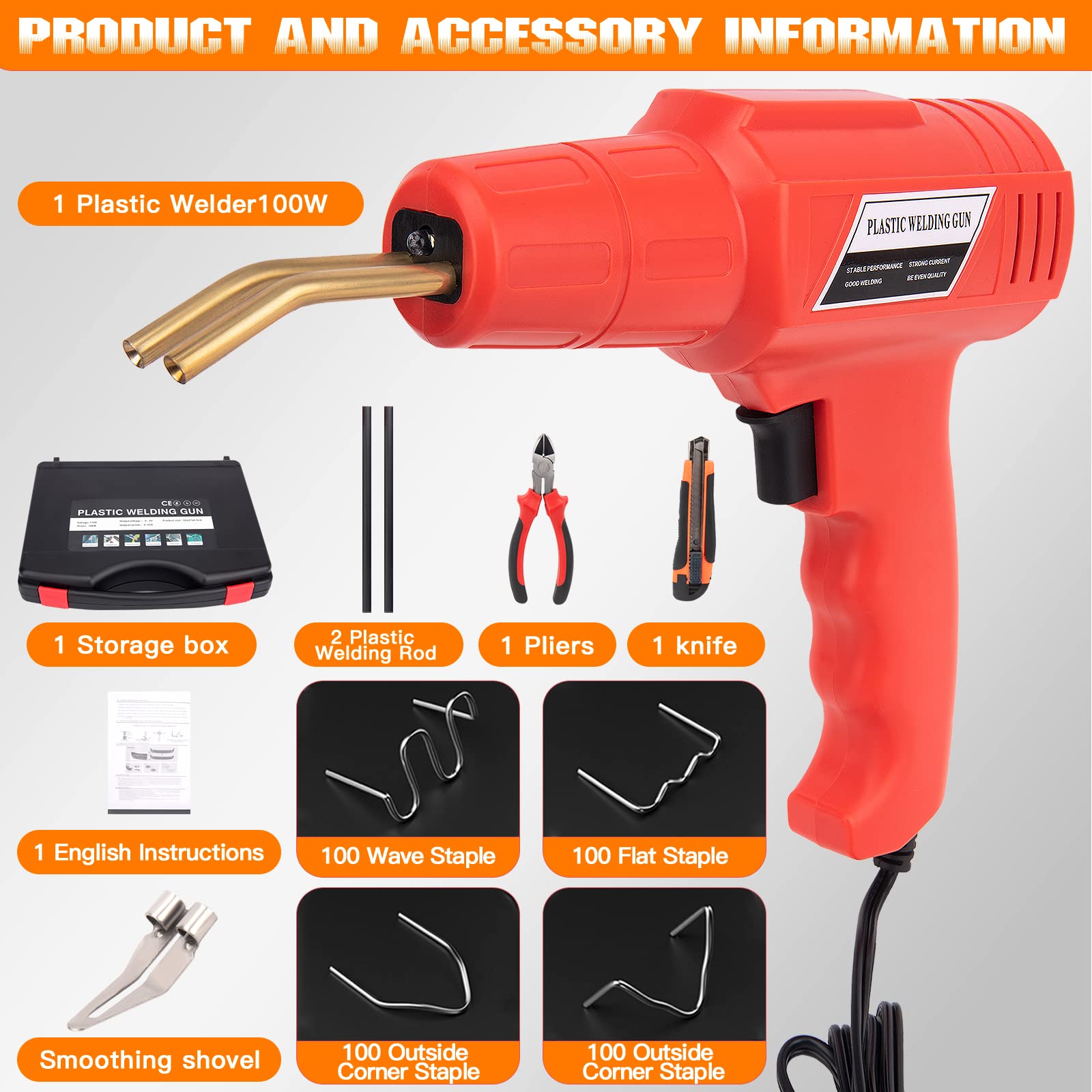 Plastic Welder Gun 100w Plastic Welder Car Bumper Repair Kit Plastic Welding Kit Hot Stapler Plastic Repair Kit with 400pcs Hot Wave Flat Staples,Plier,Knife