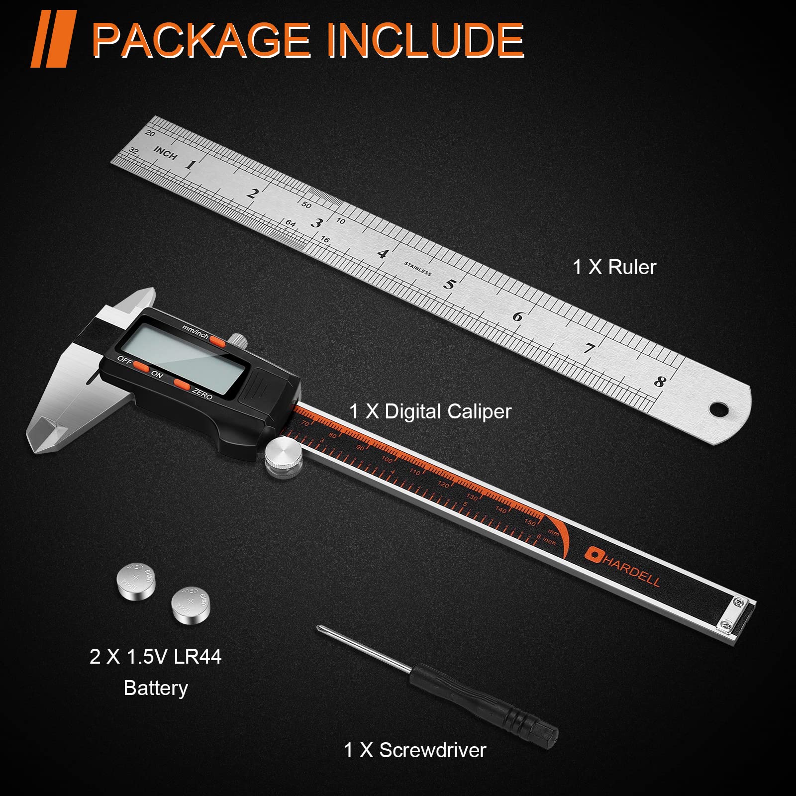 HARDELL Digital Caliper 6 Inch with Large LCD Screen，Calipers Measuring Tool with Auto-Off Feature, Inch/Millimeter Conversion, Electronic Vernier Caliper Micrometer for Jewelers/Woodworkers/DIY