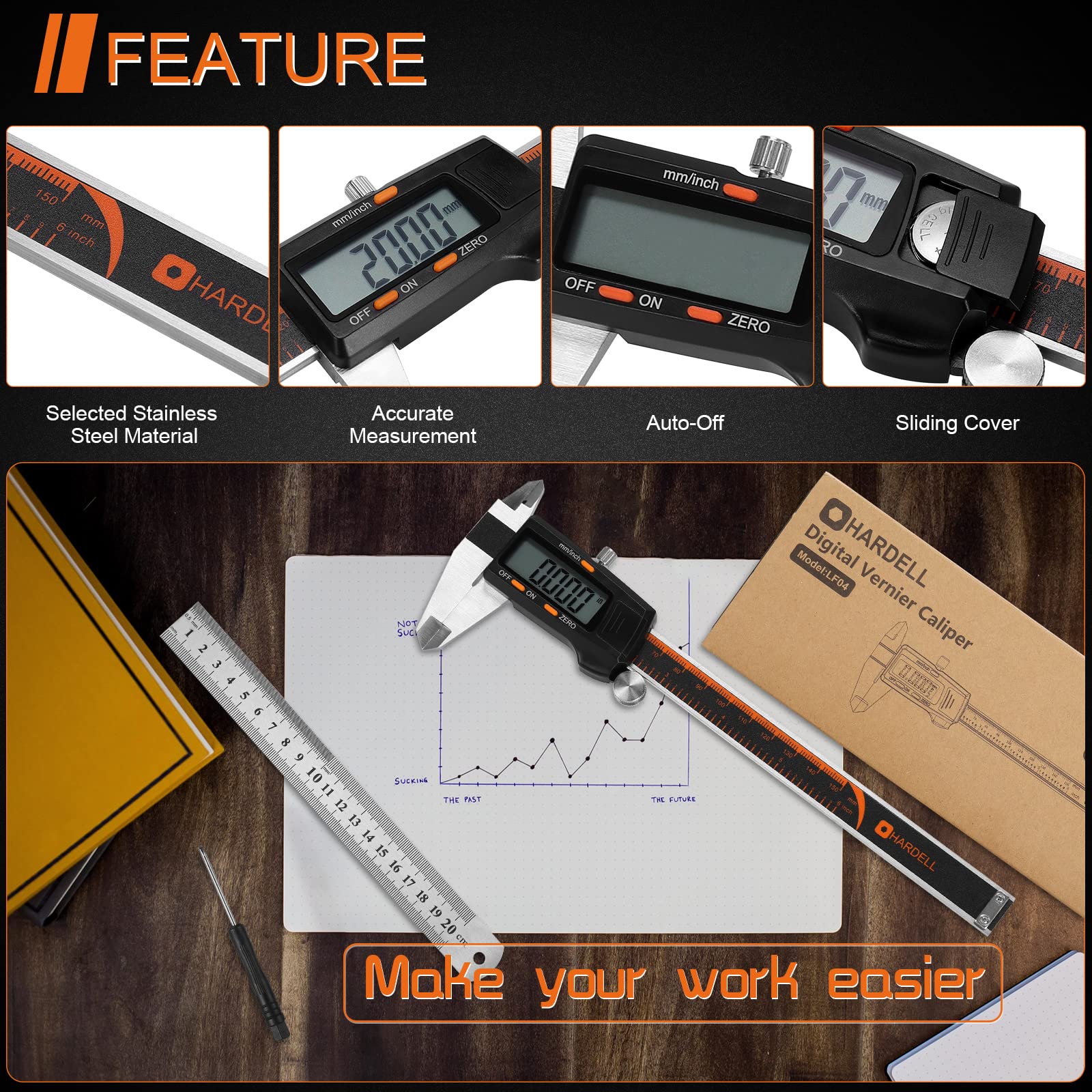 HARDELL Digital Caliper 6 Inch with Large LCD Screen，Calipers Measuring Tool with Auto-Off Feature, Inch/Millimeter Conversion, Electronic Vernier Caliper Micrometer for Jewelers/Woodworkers/DIY