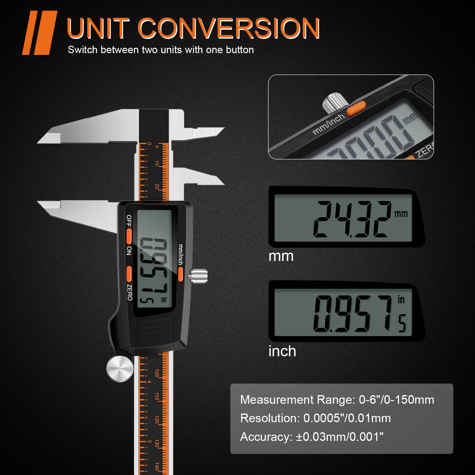 HARDELL Digital Caliper 6 Inch with Large LCD Screen，Calipers Measuring Tool with Auto-Off Feature, Inch/Millimeter Conversion, Electronic Vernier Caliper Micrometer for Jewelers/Woodworkers/DIY