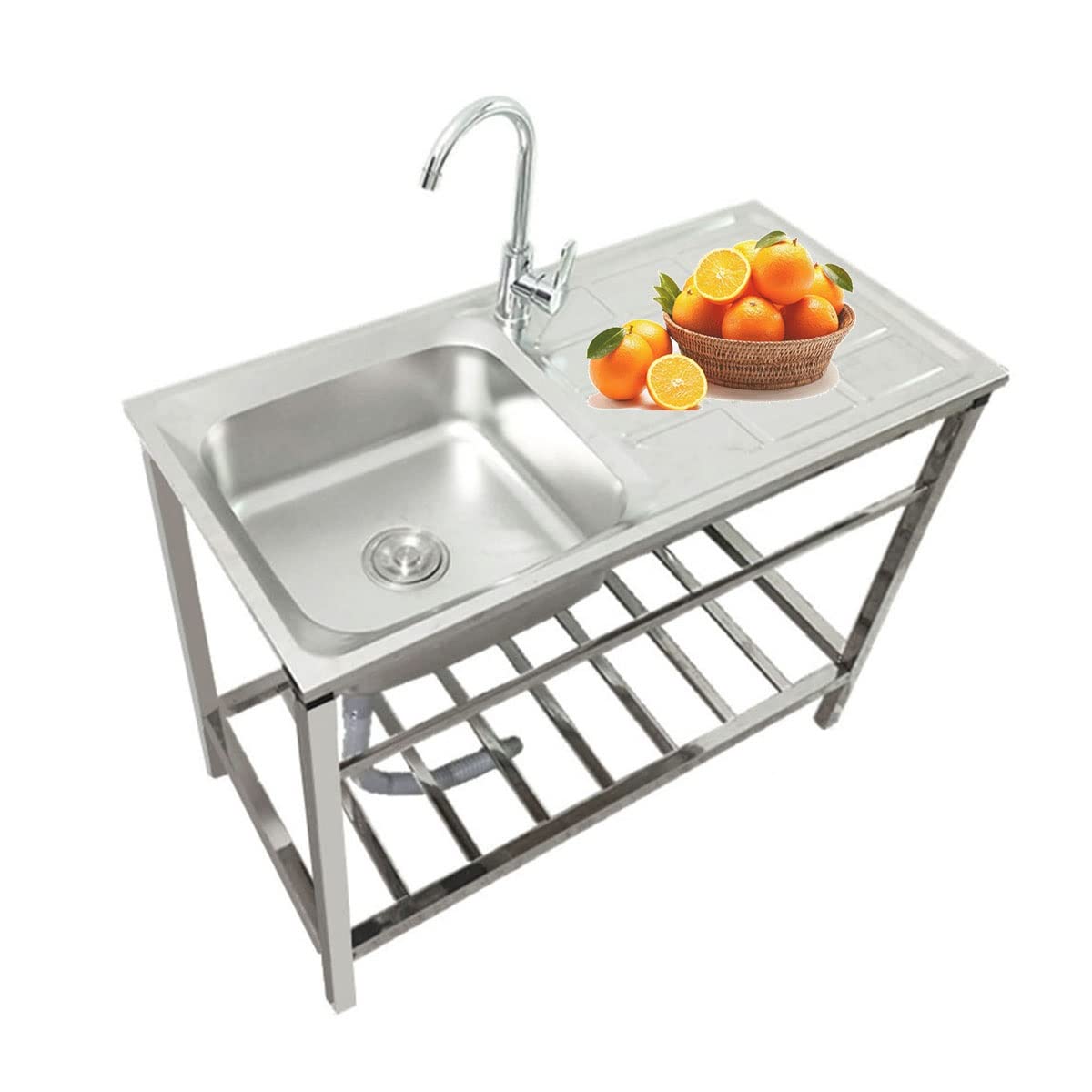 ZHXIPP Freestanding Stainless Steel Kitchen Sink, Commercial/Industrial Sink w/Workbench & Storage Shelves, Prep & Utility Washing Hand Basin for Laundry, Silver