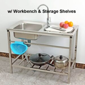 ZHXIPP Freestanding Stainless Steel Kitchen Sink, Commercial/Industrial Sink w/Workbench & Storage Shelves, Prep & Utility Washing Hand Basin for Laundry, Silver