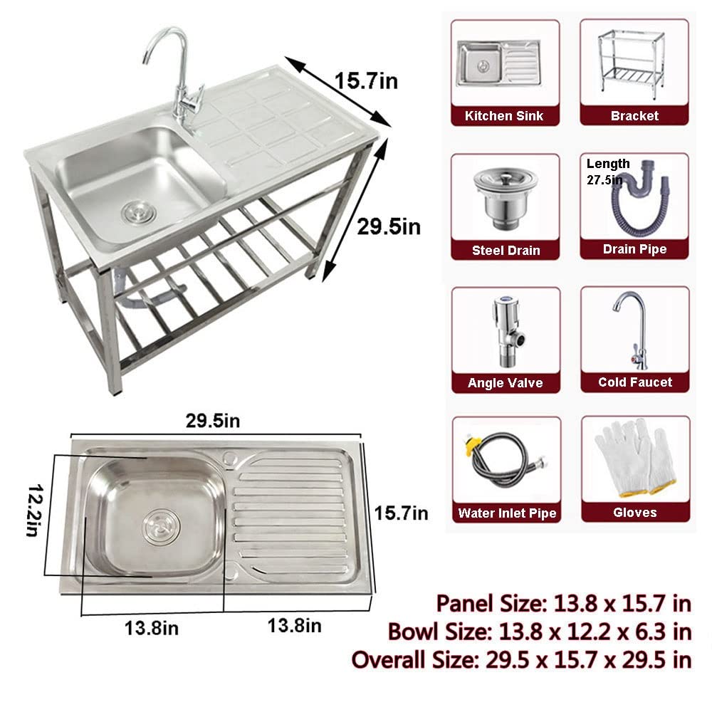 ZHXIPP Freestanding Stainless Steel Kitchen Sink, Commercial/Industrial Sink w/Workbench & Storage Shelves, Prep & Utility Washing Hand Basin for Laundry, Silver