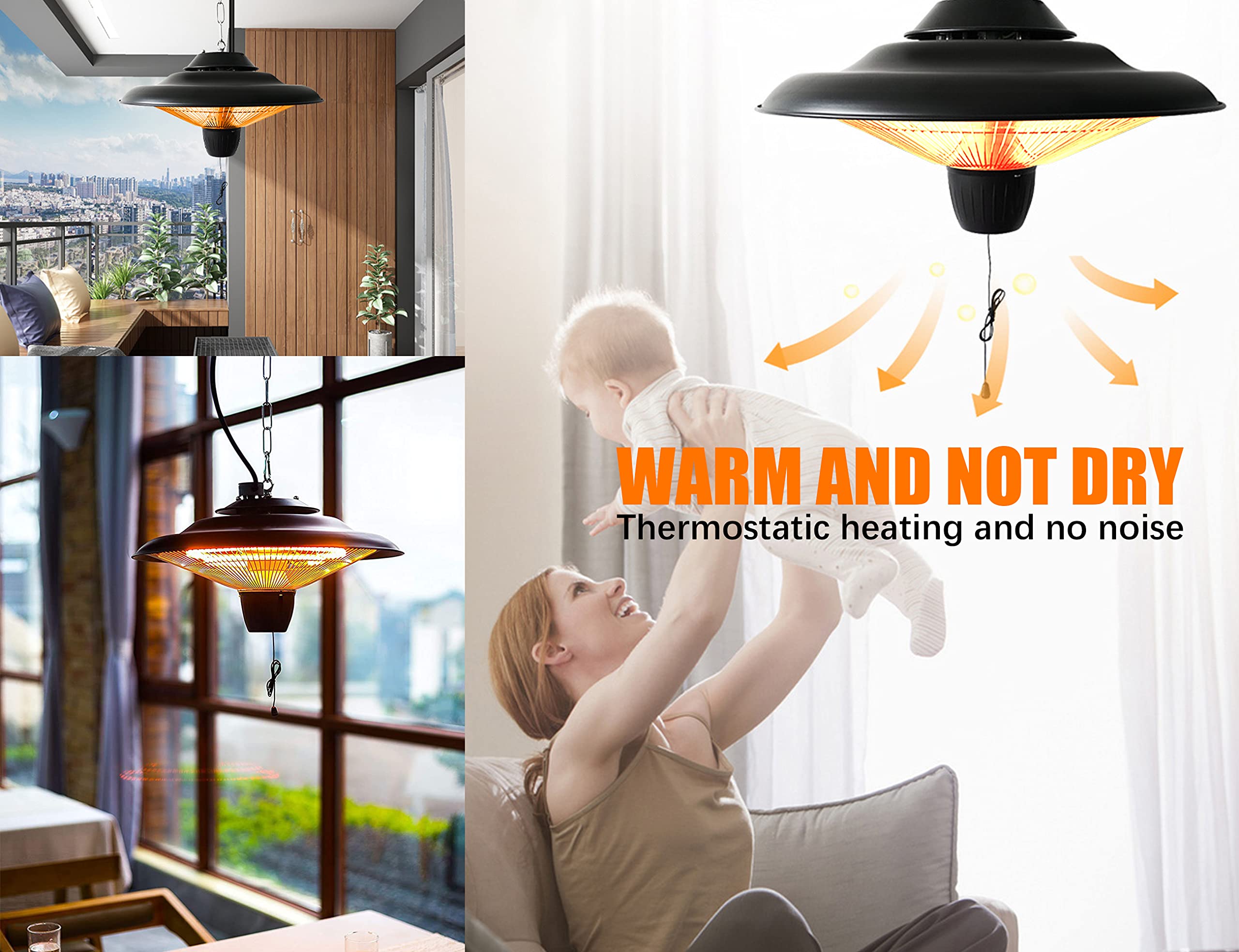 Outdoor Heater, 1500W Hanging Patio heaters, Ceiling Mounted Heater for Balcony, Halogen Heaters for Courtyard, 3S Fast Heating, IP24 Waterproof, Rated 2 Power Levels, for Outdoor, Great Room, Garage.