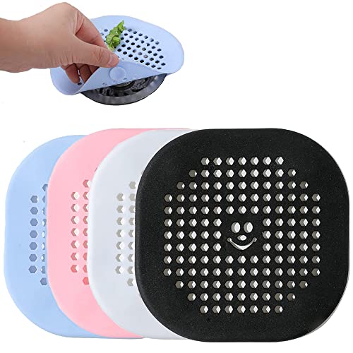 4 PCS Shower Drain Hair Catcher with Large Sucker - Upgrade Smile Face Design, Large Square Silicone Shower Drain Cover Suit for Bathtub, Bathroom, Sink, Tub, and Kitchen (Black&White&Pink&Blue)