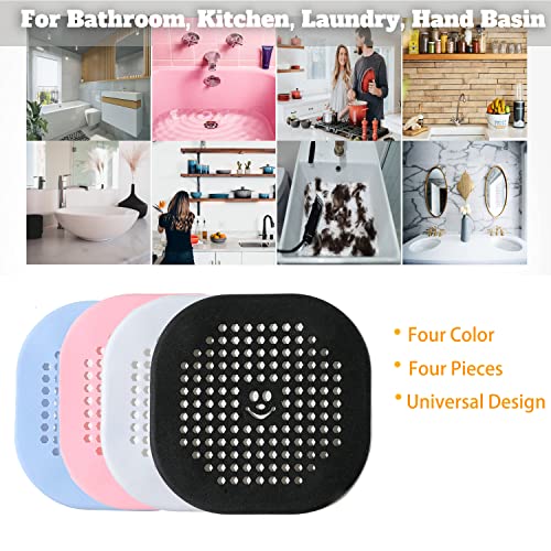 4 PCS Shower Drain Hair Catcher with Large Sucker - Upgrade Smile Face Design, Large Square Silicone Shower Drain Cover Suit for Bathtub, Bathroom, Sink, Tub, and Kitchen (Black&White&Pink&Blue)