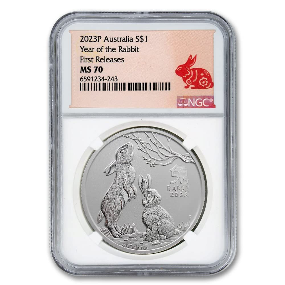 2023 P 1 oz Silver Australian Lunar Series III Year of the Rabbit Coin MS-70 (First Releases - Lunar Label) $1 NGC MS70