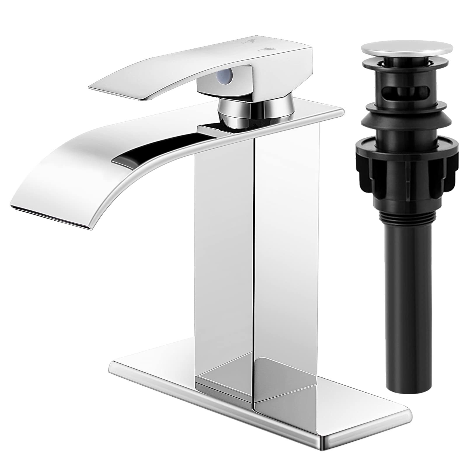 KZH Waterfall Bathroom Faucet,Single Handle Bathroom Sink Faucet for 1 or 3 Hole Washbasin Faucet Rv Vanity Faucet with Deck Plate, Pop-up Drain and Supply Hoses Chrome