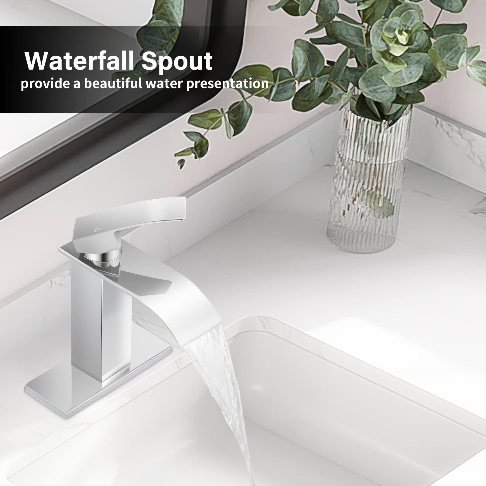 KZH Waterfall Bathroom Faucet,Single Handle Bathroom Sink Faucet for 1 or 3 Hole Washbasin Faucet Rv Vanity Faucet with Deck Plate, Pop-up Drain and Supply Hoses Chrome