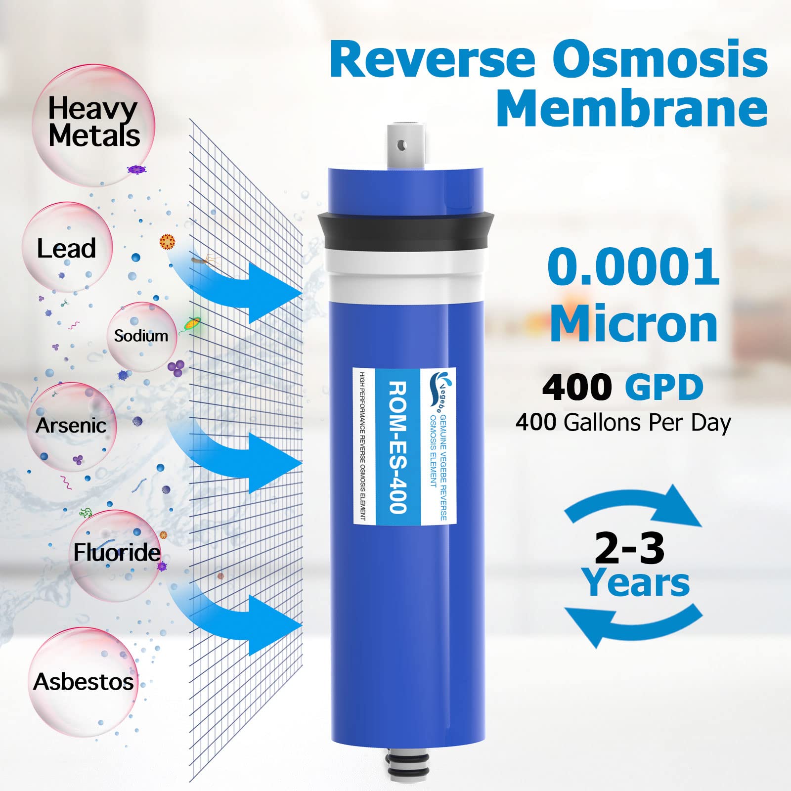 400 GPD RO Membrane Filter Replacement with Reverse Osmosis Membrane Housing, Wrench, 1/4" Quick-Connect Fitting, Check Valve, Fit Under Sink RO Home Drinking Water Filter Filtration Purifier System