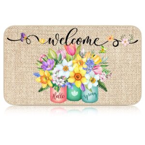 spring welcome mats hello spring floral decor door mat colorful tulip flower door mat indoor entrance cute decorative outdoor doormats non slip outside door mats for front door spring rugs, 16 x 28