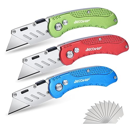 BECOWIN 3-Pack Folding Utility Knife, Stainless Steel Box Cutter with Quick Change Blade and Belt Clip for Cartons, Cardboard and Boxes, Extra 12pcs SK5 Blade