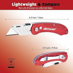 BECOWIN 3-Pack Folding Utility Knife, Stainless Steel Box Cutter with Quick Change Blade and Belt Clip for Cartons, Cardboard and Boxes, Extra 12pcs SK5 Blade