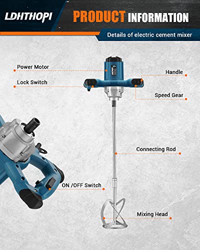 LDHTHOPI Cement Mixer, 2300W Electric Paint Mixer, Portable Mortar Mixer with 6 Adjustable Speed, 110V Handheld Mud Mixer for Mixing Mud, Cement, Mortar, Paint, Fodder